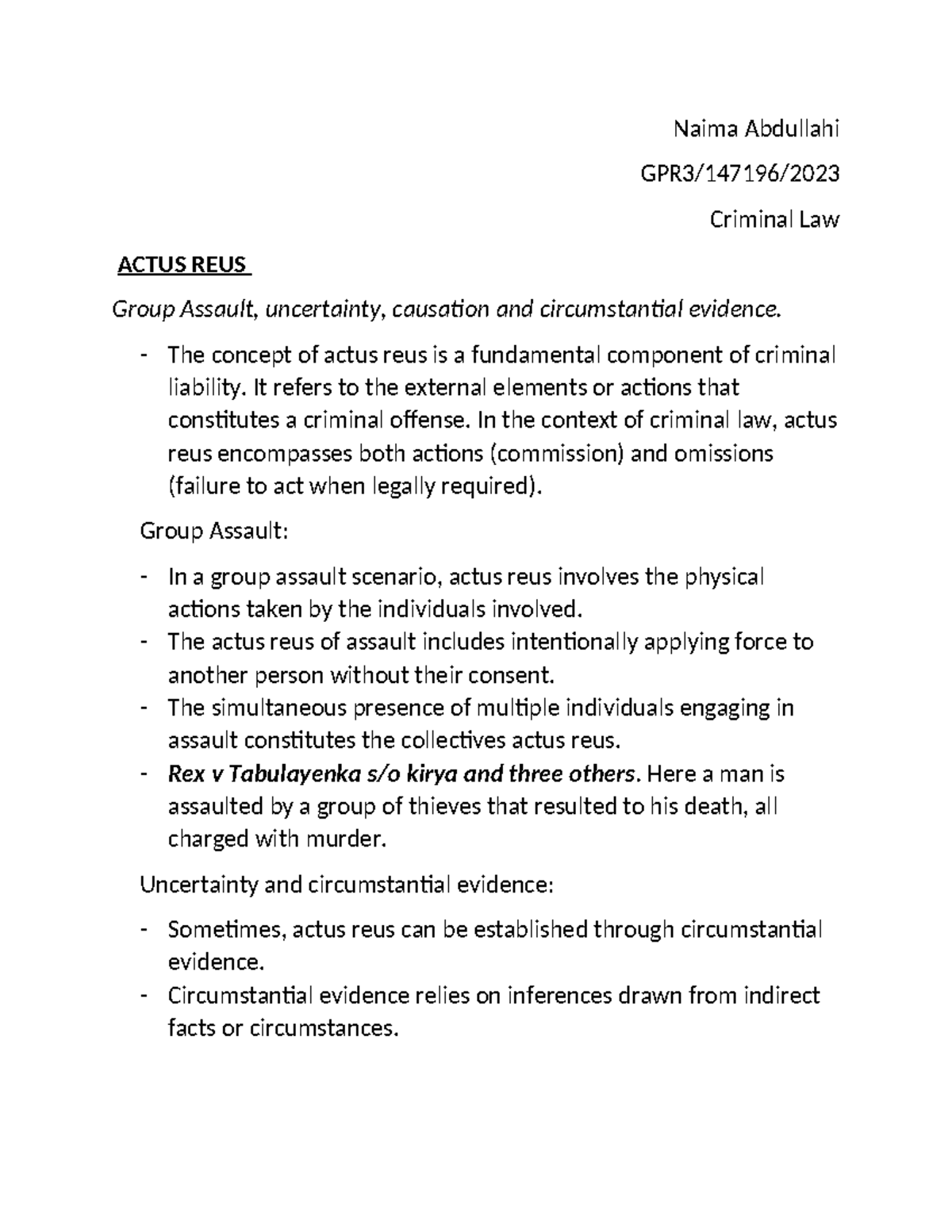 Criminal law assingment- Murder - Naima Abdullahi GPR3/147196/ Criminal ...
