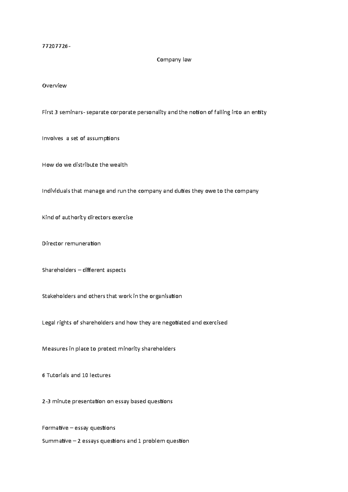 Company law lecture 1 - 77207726- Company law Overview First 3 seminars ...