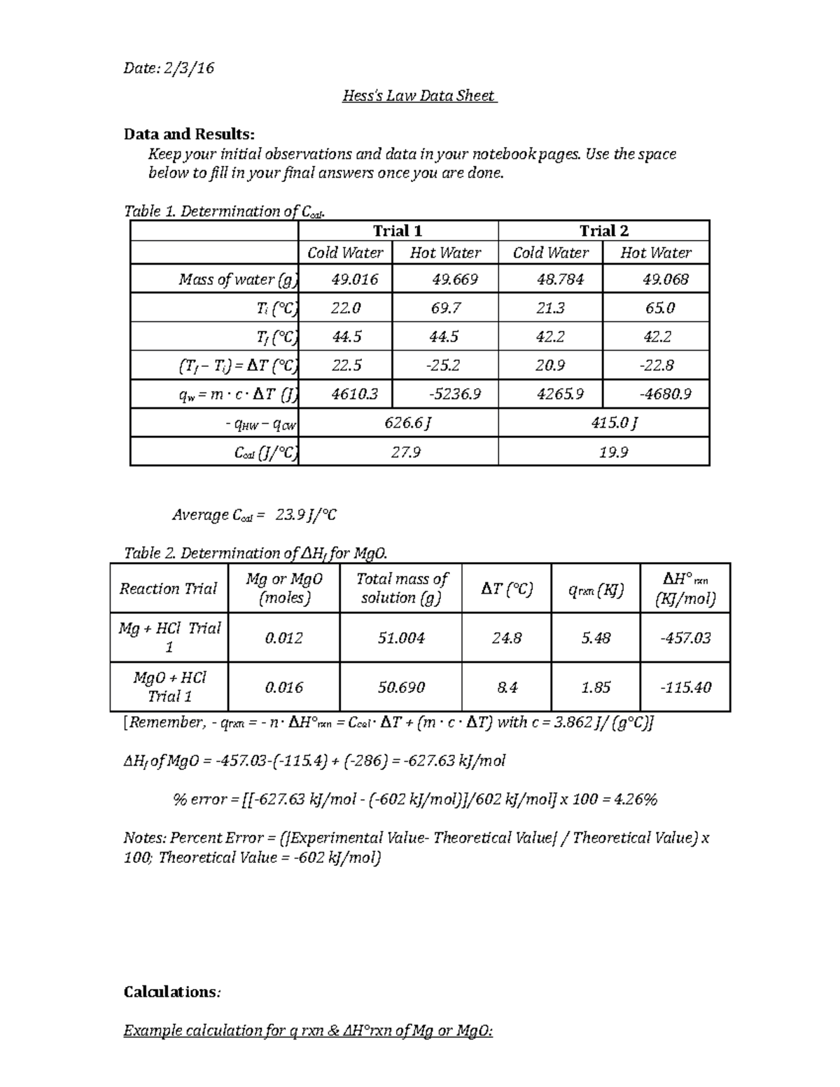 Hesss Law Data Sheet - Lab Report - Date: 2/3/ Hess’s Law Data Sheet ...
