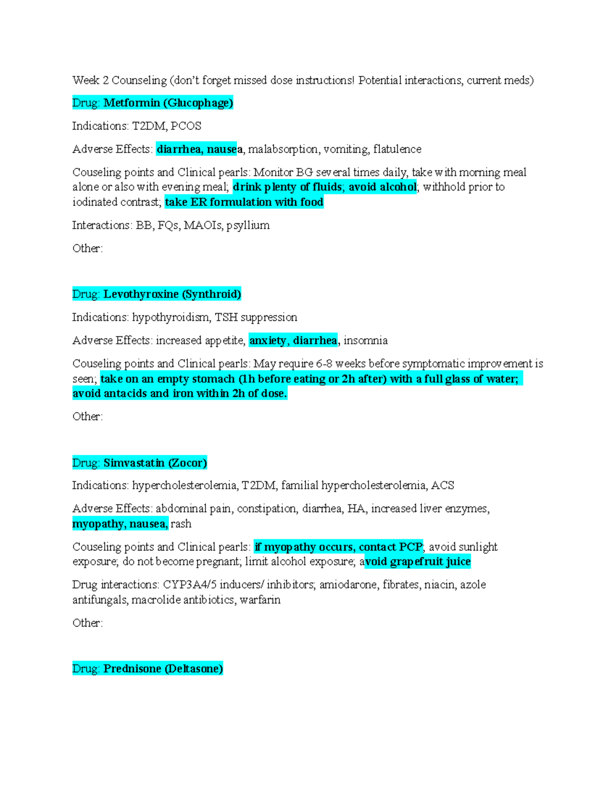 Week 2 Counseling Medications - Week 2 Counseling (don’t forget missed ...