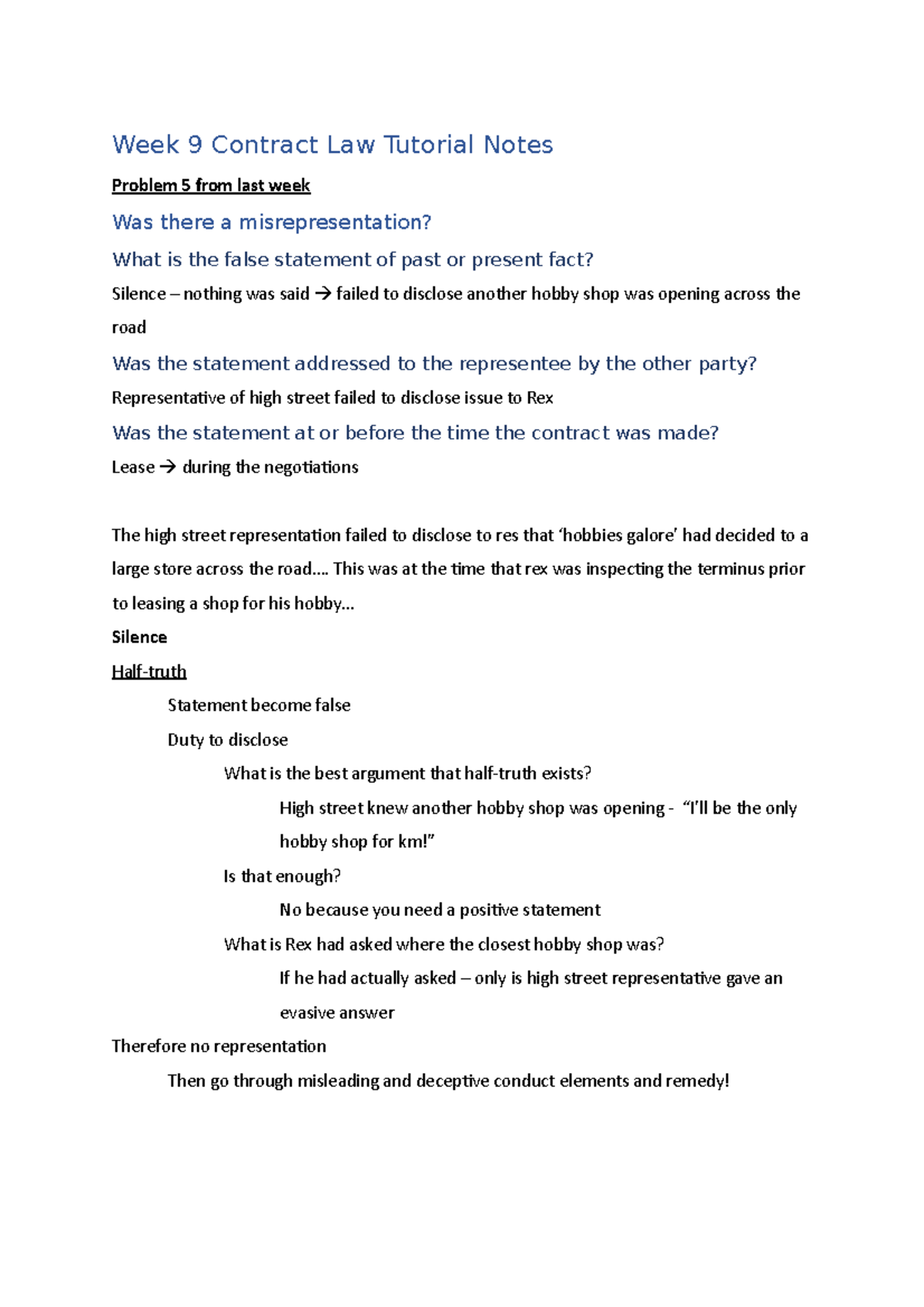 Week 9 Contract Law Tutorial Notes This Was At The Time That Rex Was Inspecting The 