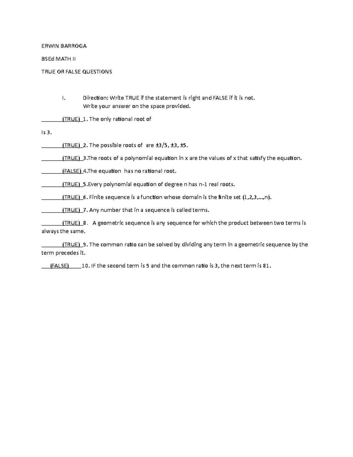 True or false EFB - for examination planning - ERWIN BARROGA BSEd MATH ...