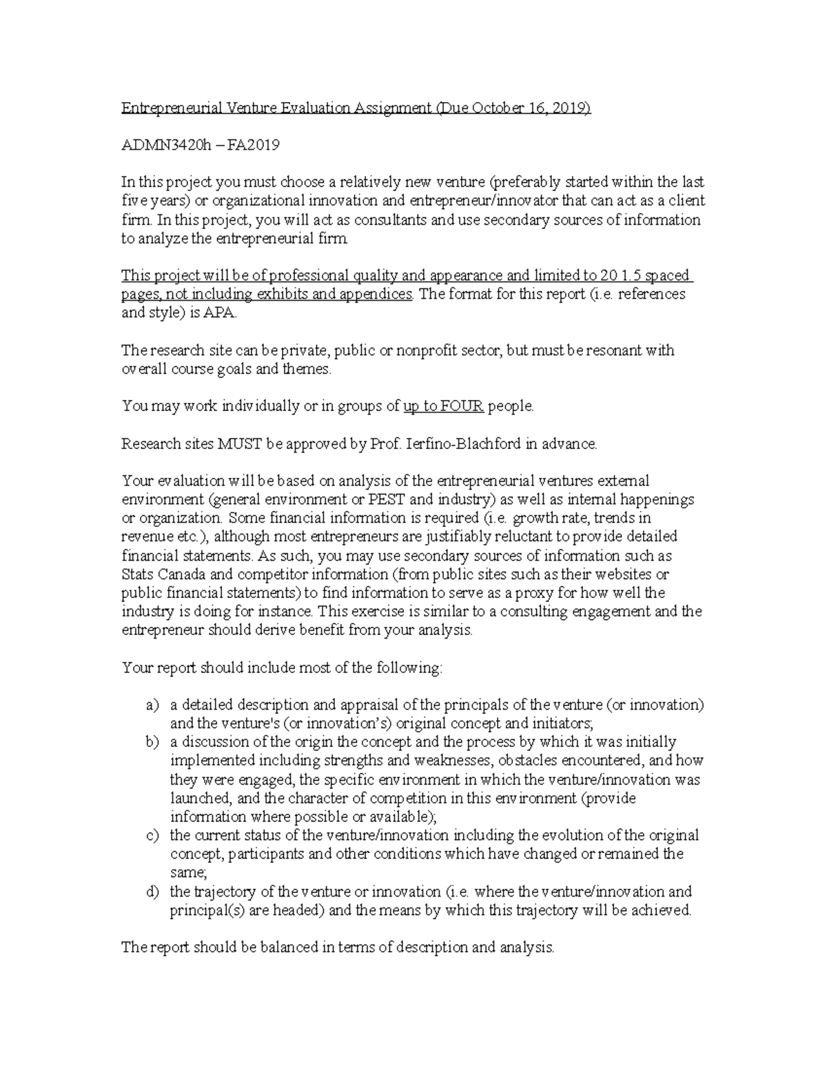 Entrepreneurial Venture Evaluation Assignment (Fall 2019 ...