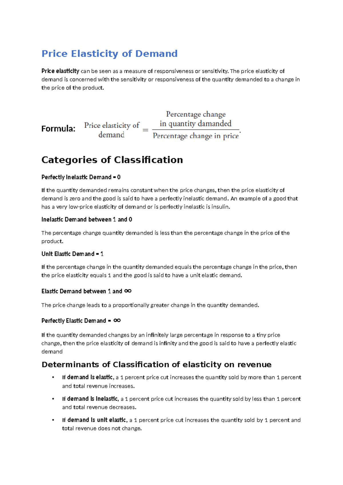 Chapter 4 Notes - Price Elasticity of Demand Price elasticity can be ...
