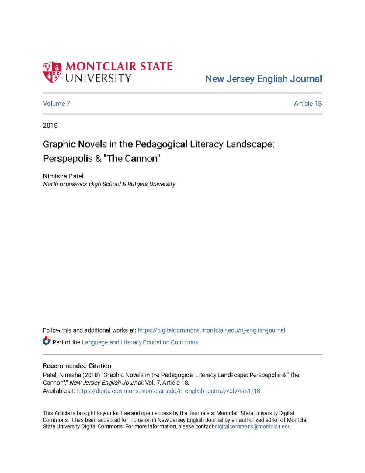 Graphic Novels in the Pedagogical Literacy Landscape Perspepolis and ...