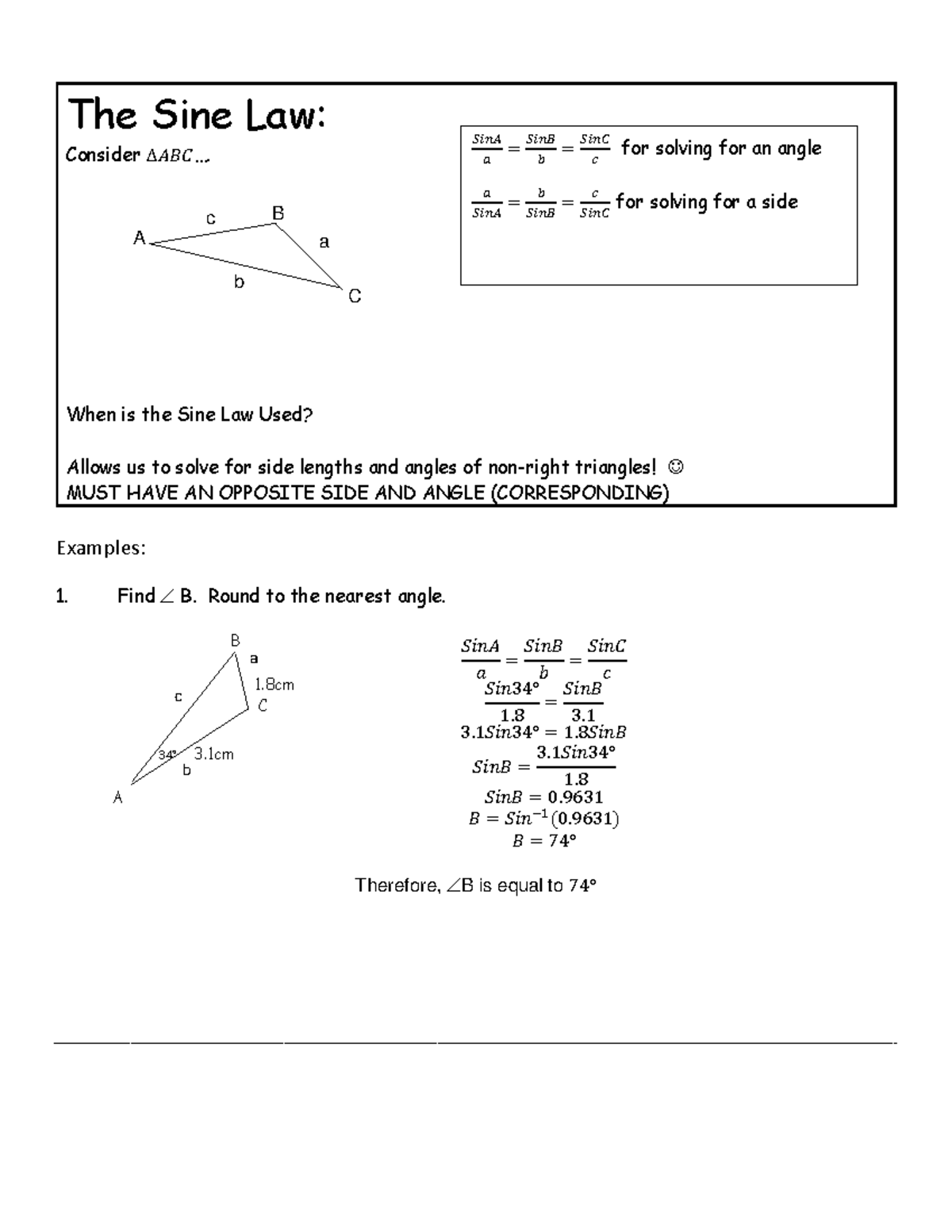 5.8 Sine Law plus Applications Solutiuons - The Sine Law: Consider ∆𝐴𝐵𝐶 ...