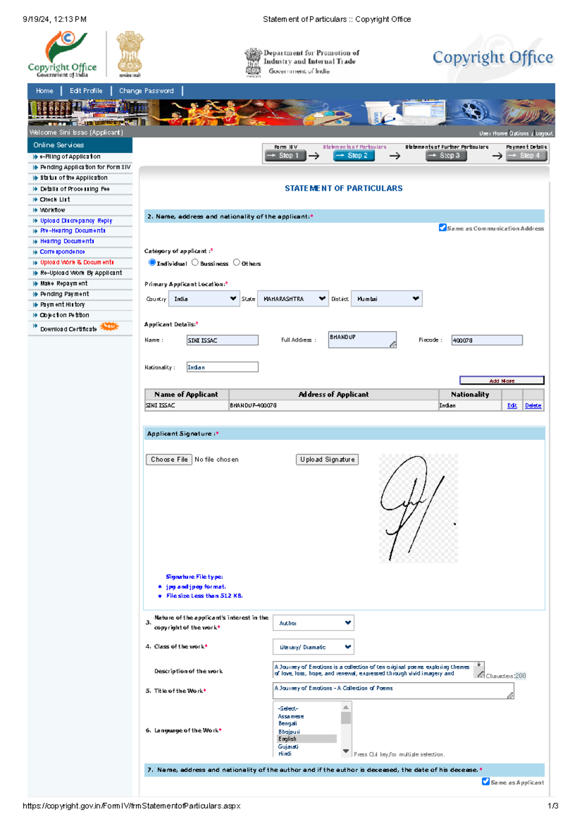 Statement of Particulars Copyright Office Step 2 - Welcome Sini Issac ...