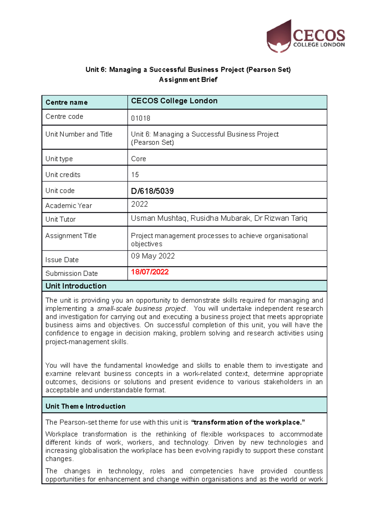 MSBP Assignment Brief May 2022 - Unit 6: Managing a Successful Business ...