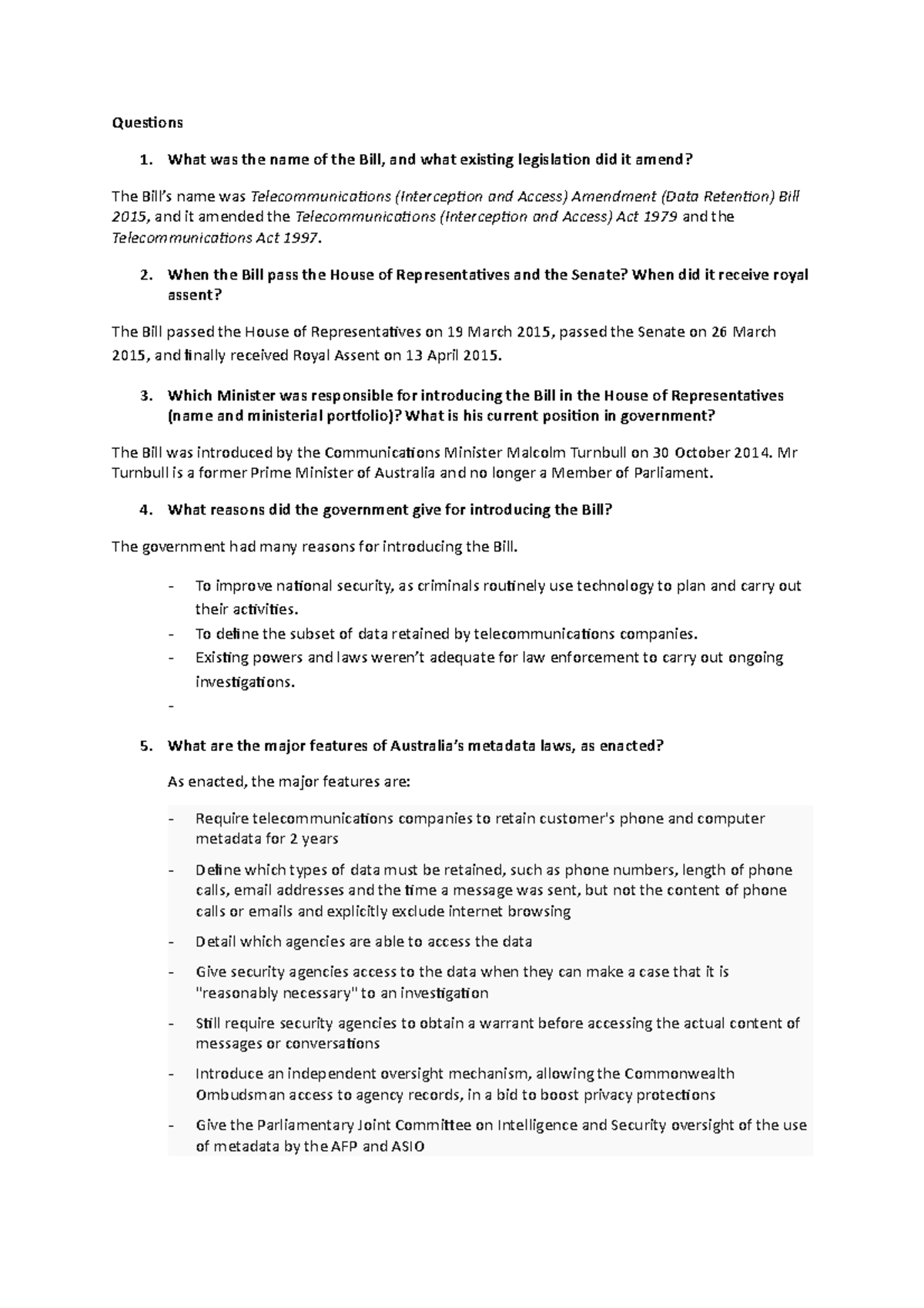 Law Reform Report - Questions 1. What was the name of the Bill, and ...