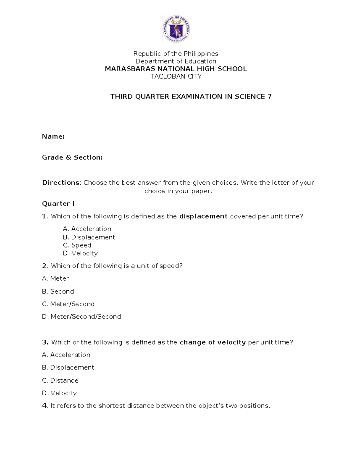 3RD Quarter Examination - Name: Grade & Section: Directions: Choose the ...