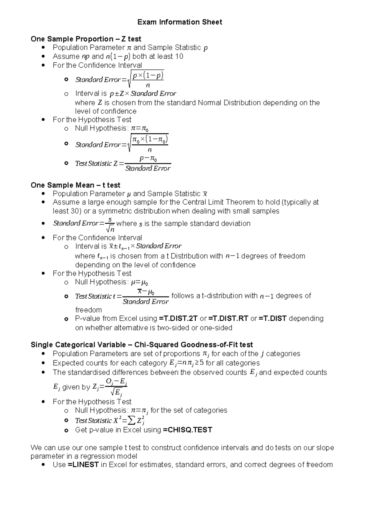 DDD Formula Sheet - Exam Information Sheet One Sample Proportion – Z ...