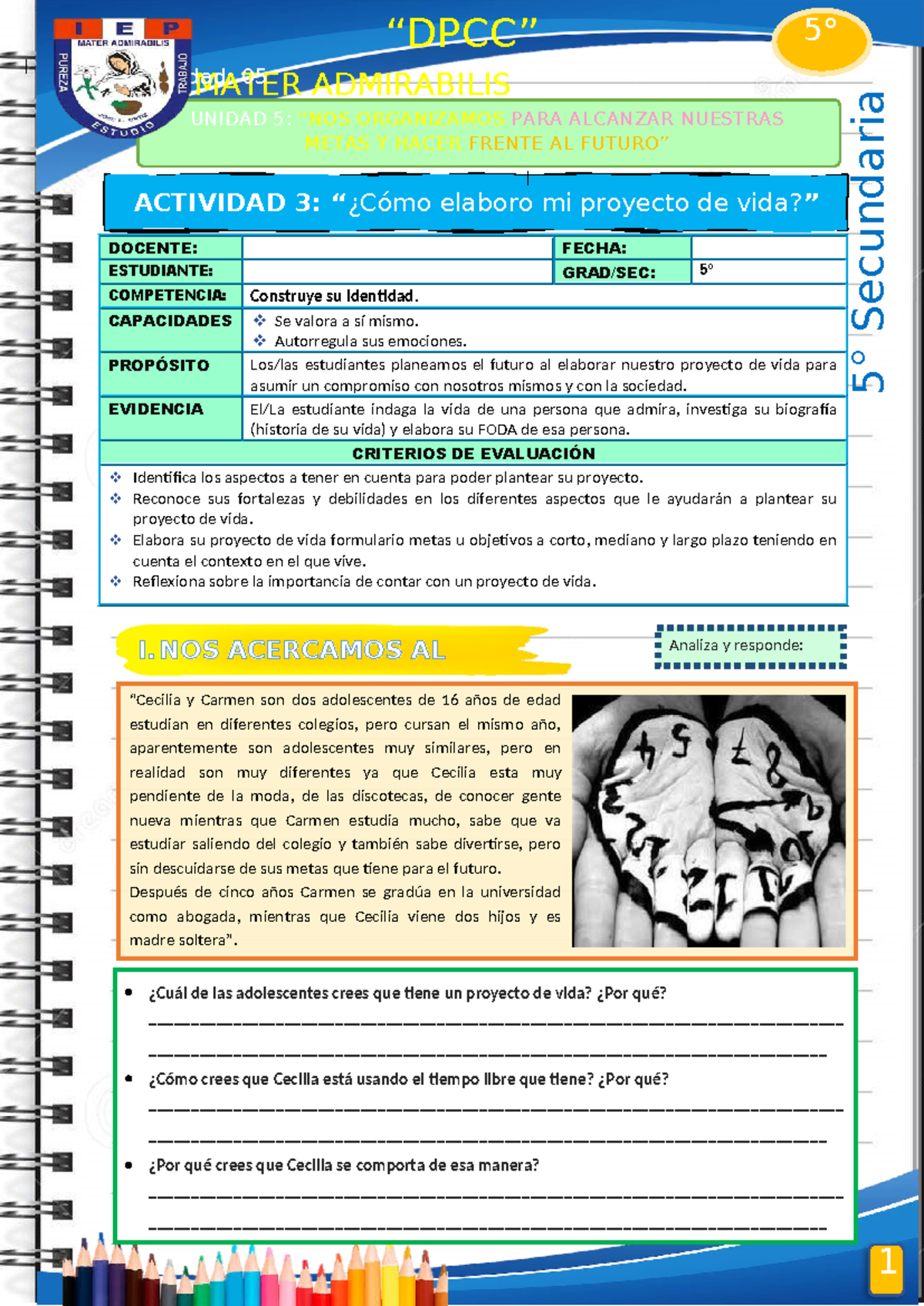 5° DPCC -ACTV.03-UNID.5 2024 - ACTIVIDAD 3: “¿Cómo elaboro mi proyecto de vida?” i.e ADMIRABILIS ...