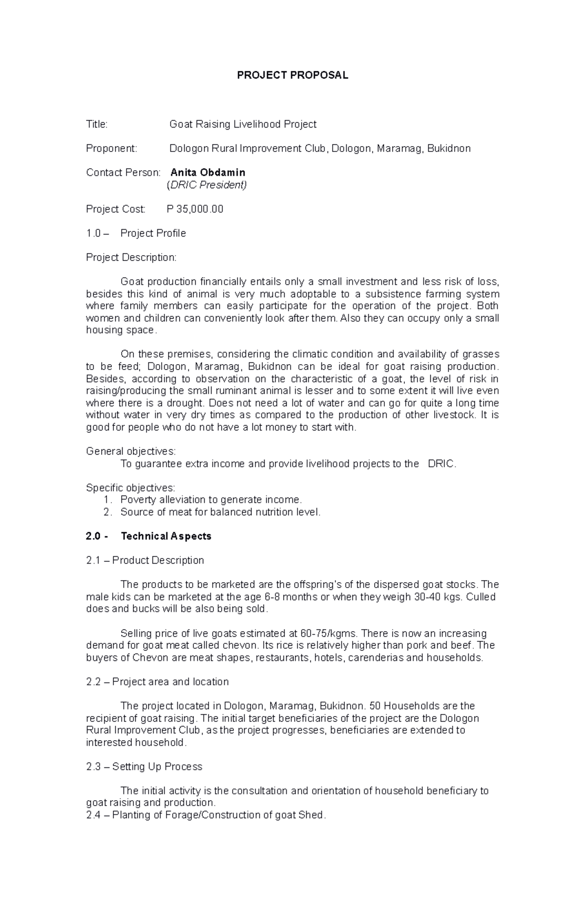 Project proposal goat - Essay - PROJECT PROPOSAL Title: Goat Raising ...