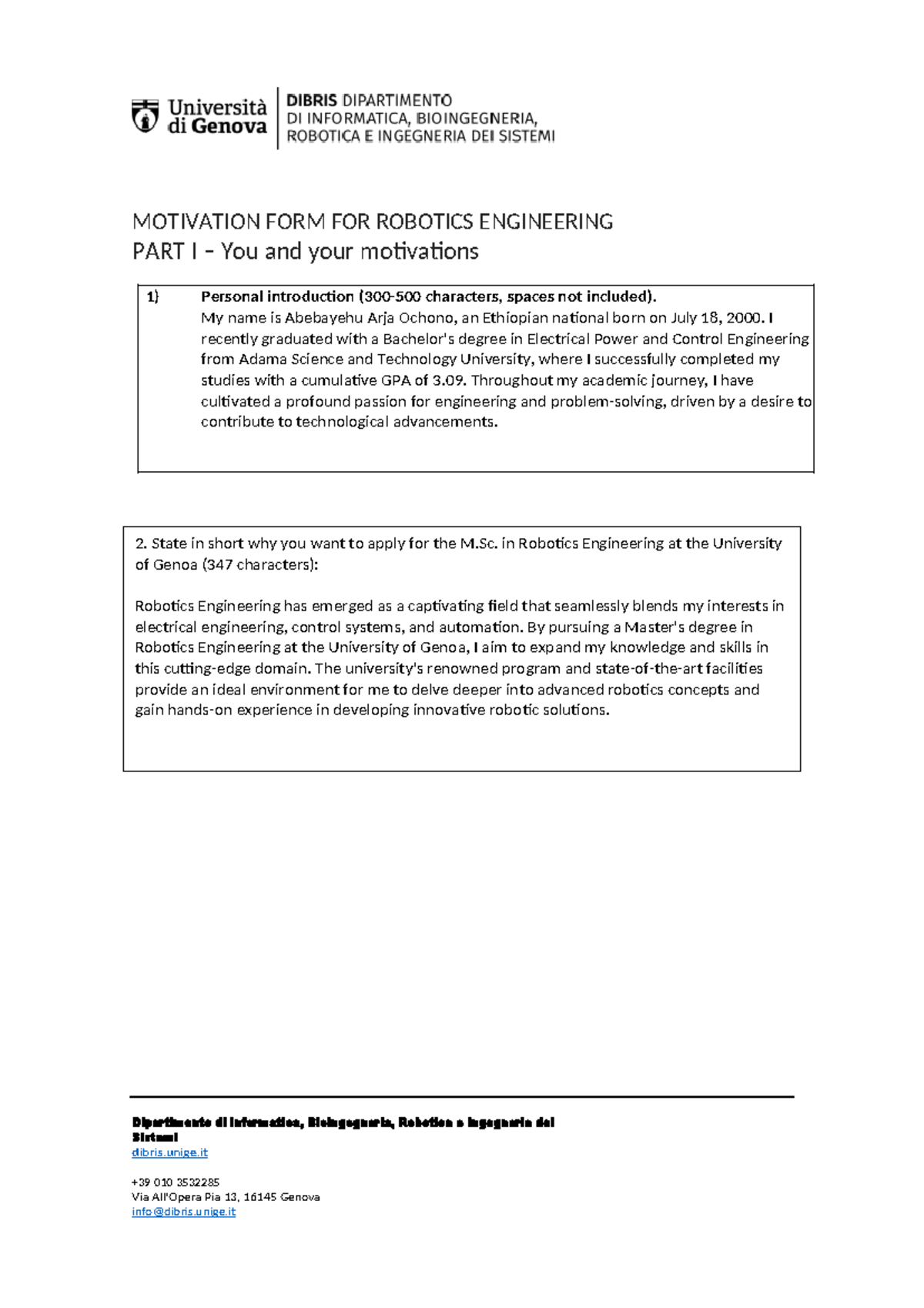 Motivation letter template - Dipartimento di Informatica, Bioingegneria ...