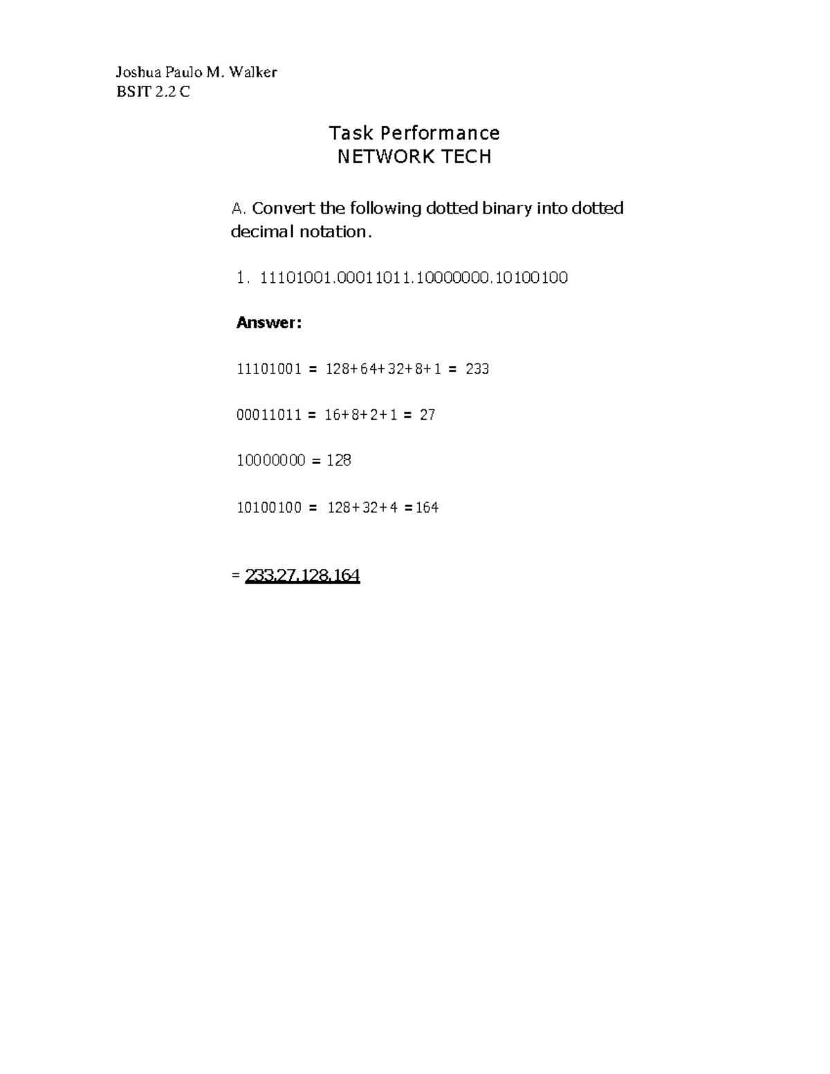 Walker TP Network Tech - Joshua Paulo M. Walker BSIT 2 C Task Performance NETWORK TECH A ...