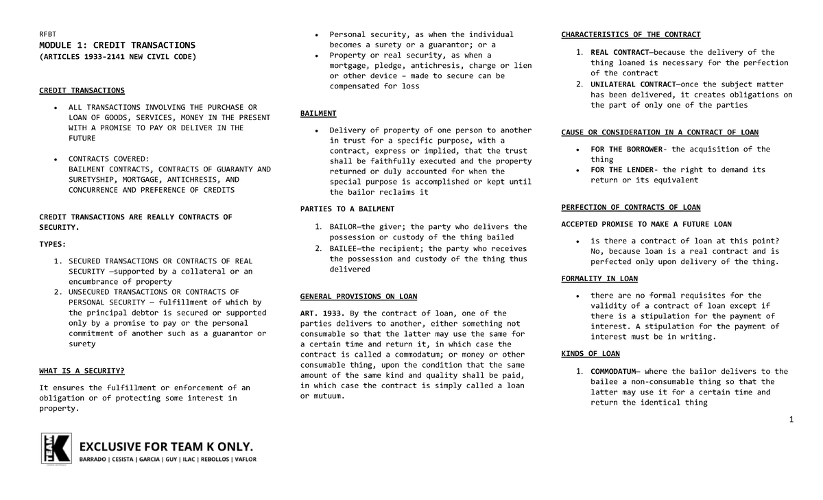 1 Credit Transactions - Commodatum & Mutuum - RFBT MODULE 1: CREDIT ...
