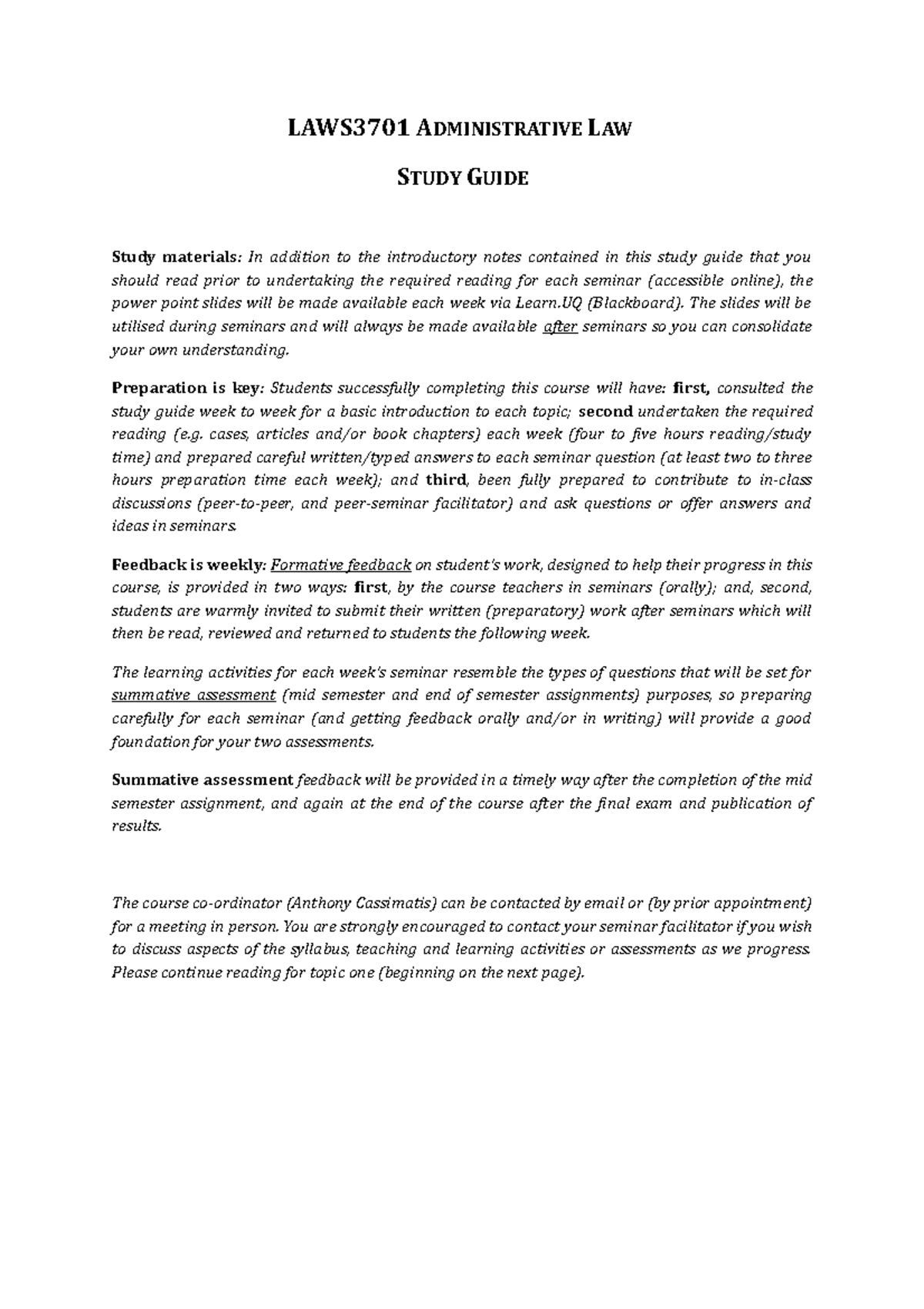 Week One Learning Guide and Seminar Questions To Prepare - LAWS3701 ...