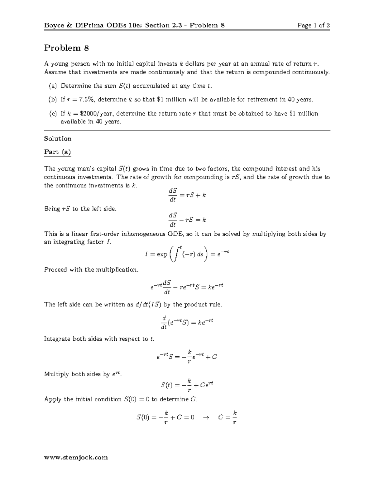 Q6 Answer - Boyce & DiPrima ODEs 10e: Section 2 - Problem 8 Page 1 of 2 Problem 8 A young person ...