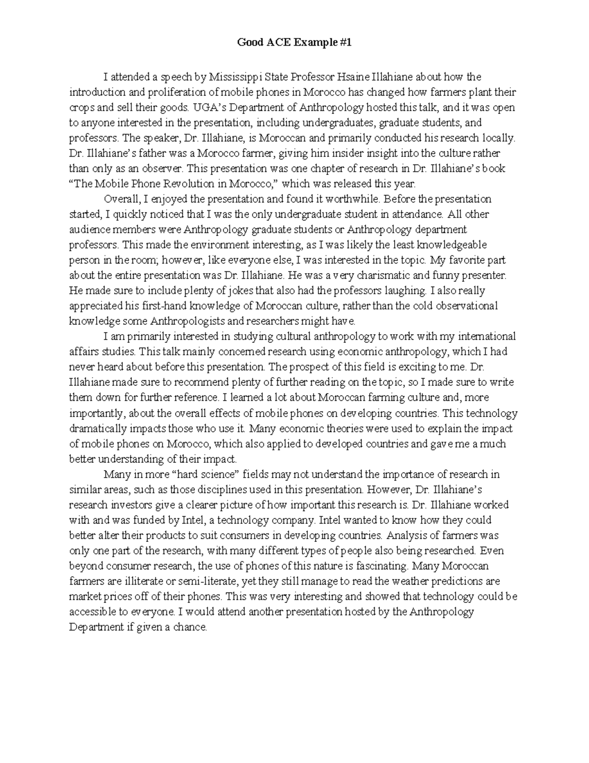 Good ACE Example #1 - lecture notes - Good ACE Example # I attended a ...