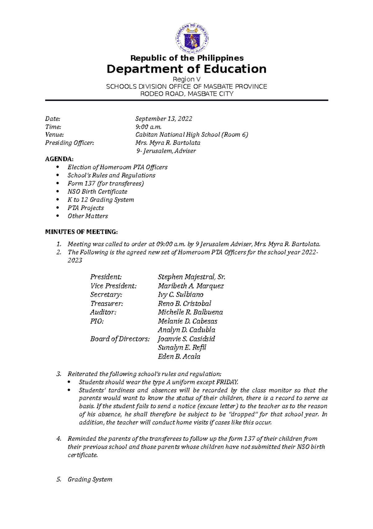 Minutes of Meeting - Republic of the Philippines Department of ...