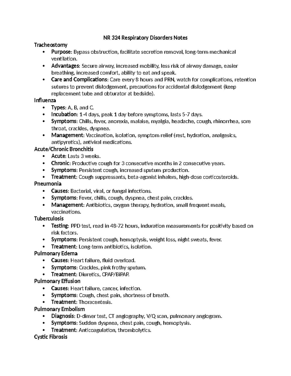 NR 324 Respiratory Disorders Notes - Advantages: Secure airway ...