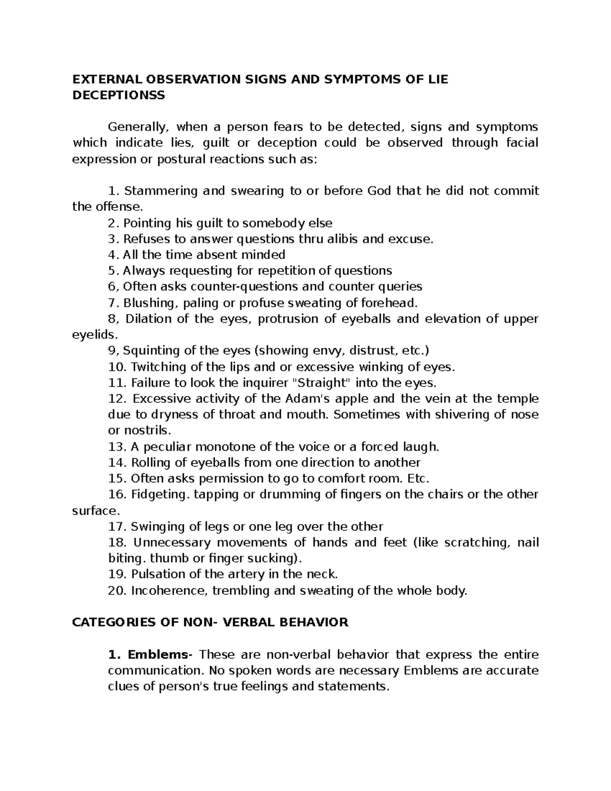 External Observation Signs AND Symptoms OF LIE Deceptionss - EXTERNAL ...