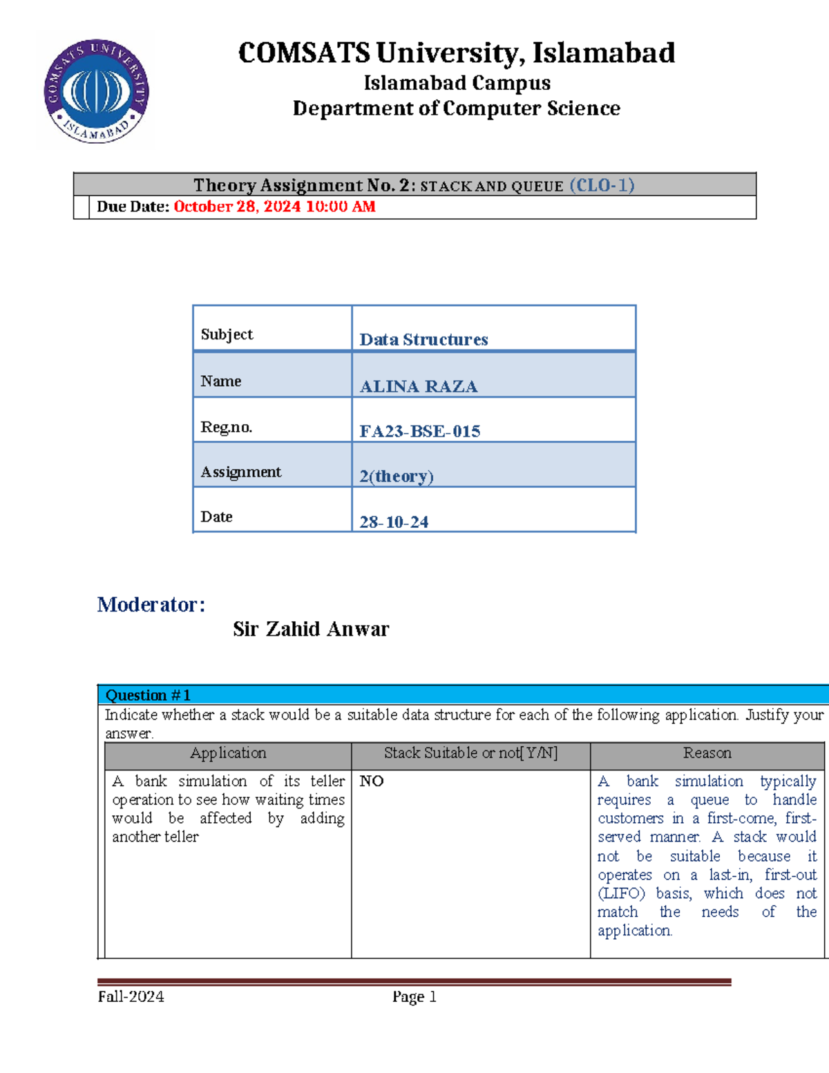 Theory Assign 2 (015) solution - Theory Assignment No. 2: STACK AND ...