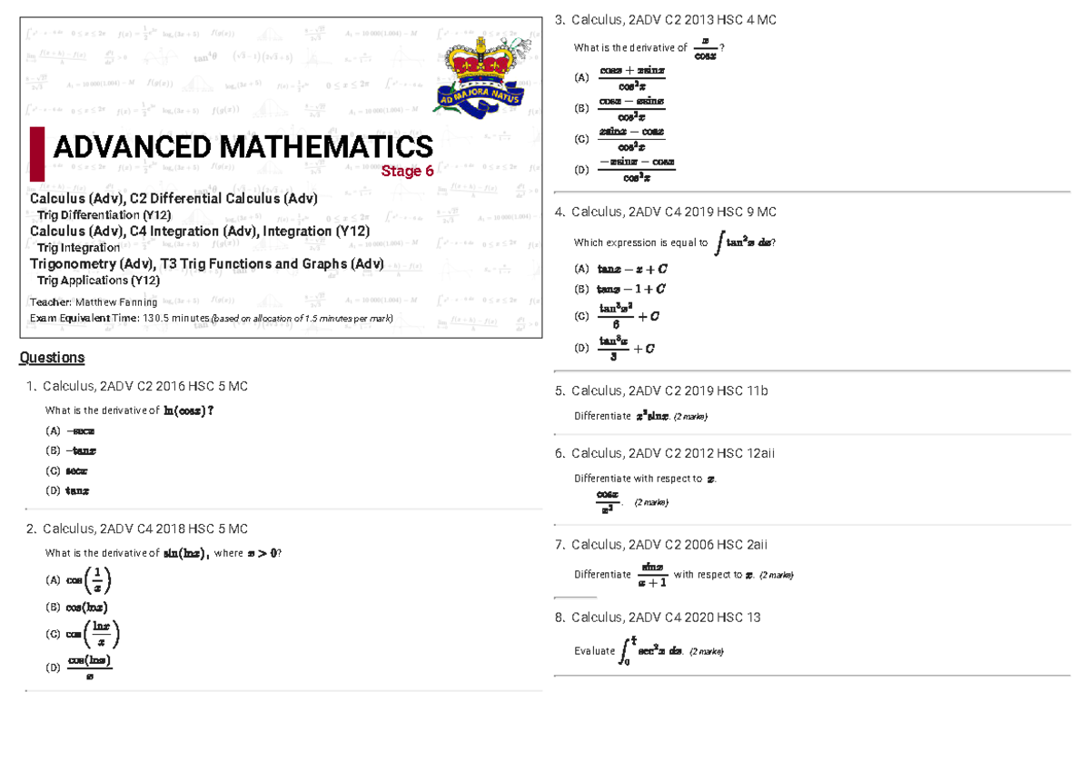 Trig Calculus Past HSC Questions - 1. Calculus, 2ADV C2 2016 HSC 5 MC 2 ...