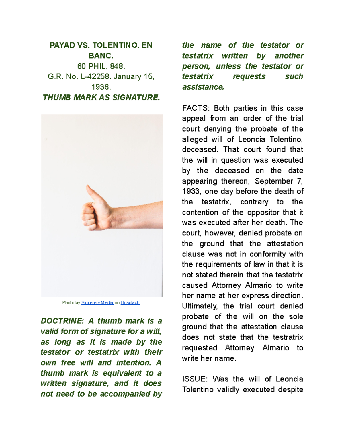 Payad VS. Tolentino. EN BANC, 1936 ( Thumb MARK AS Signature) - PAYAD ...