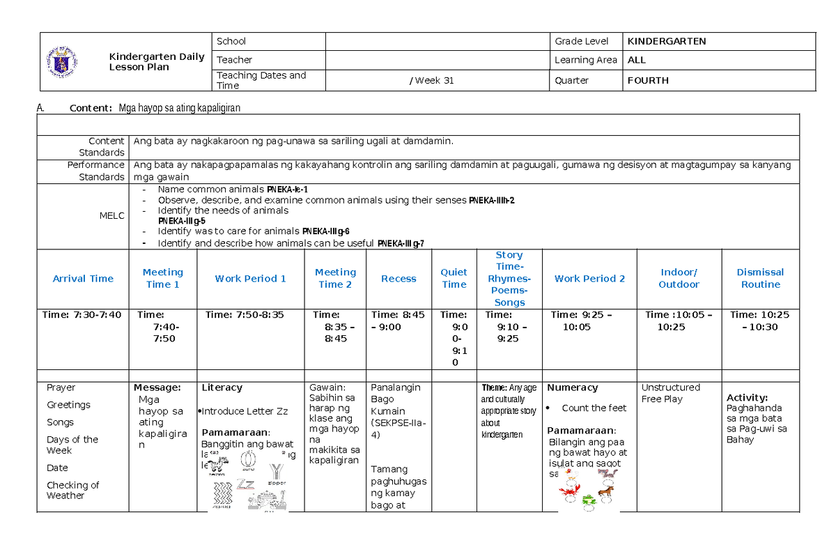 Kinder-New-DLL-week31 day1 - Kindergarten Daily Lesson Plan School ...