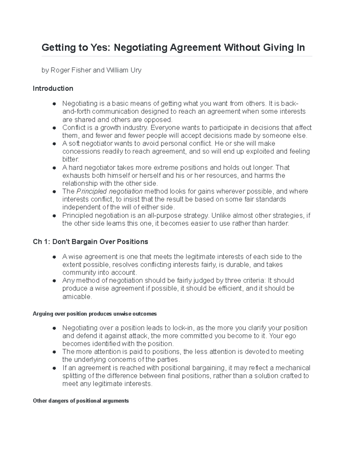 Summary Getting to Yes 4 - Getting to Yes: Negotiating Agreement Without Giving In by Roger ...