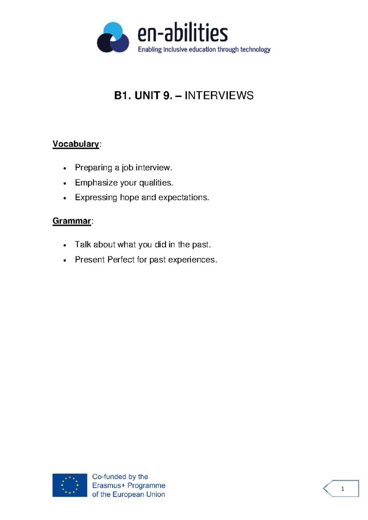 B1 UNIT-9 interviews - aaa - B1. UNIT 9. – INTERVIEWS Vocabulary: Preparing a job interview ...