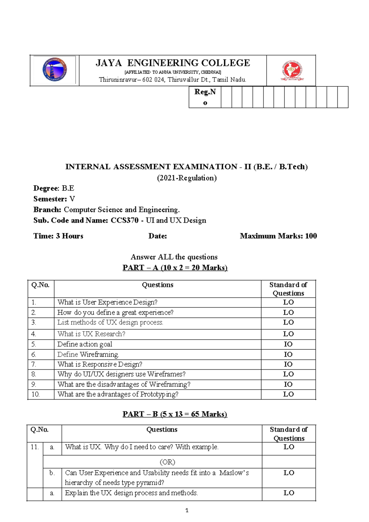 UI and UX Design - IAT2-Question paper-SET1 - Reg o INTERNAL ASSESSMENT ...