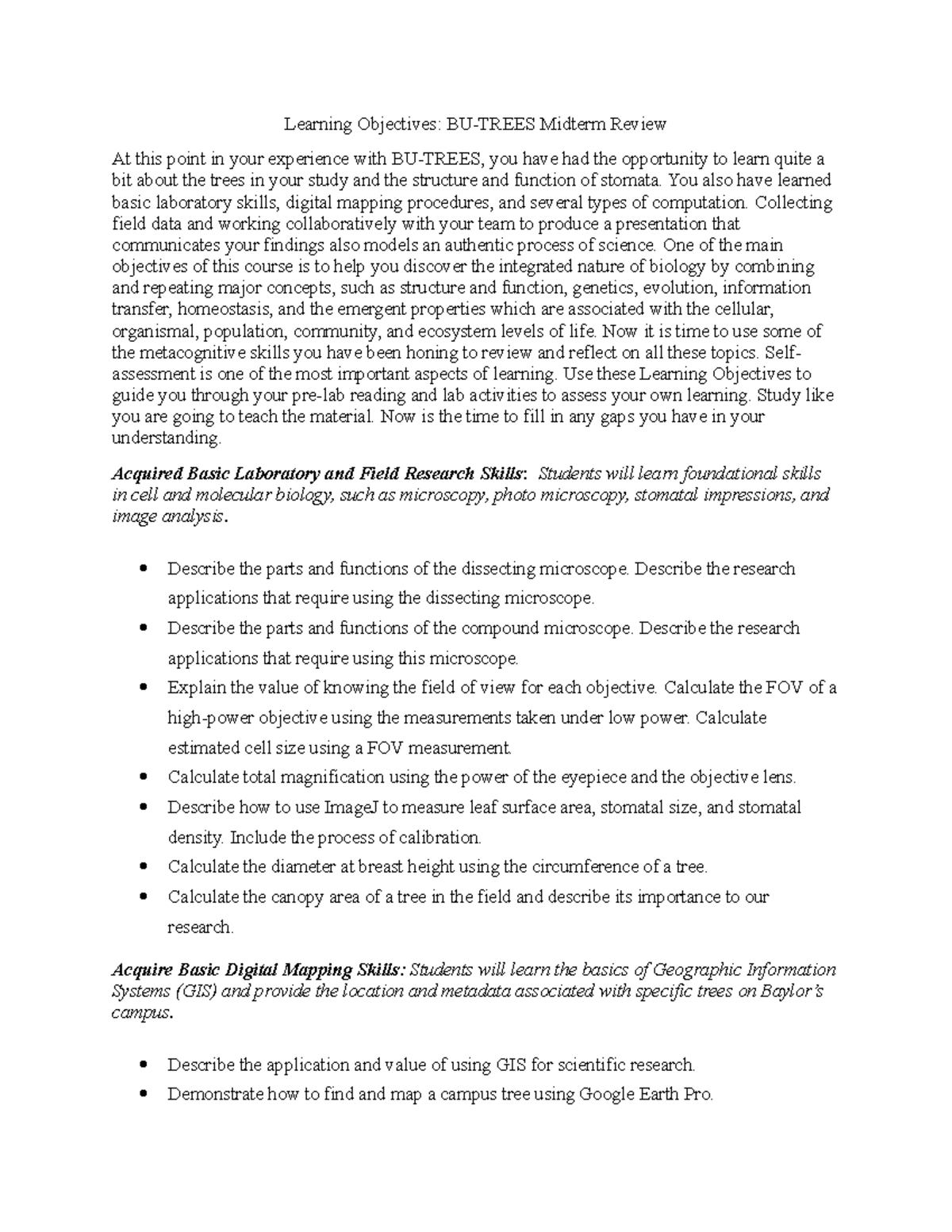 Bio lab midterm review - Learning Objectives: BU-TREES Midterm Review ...