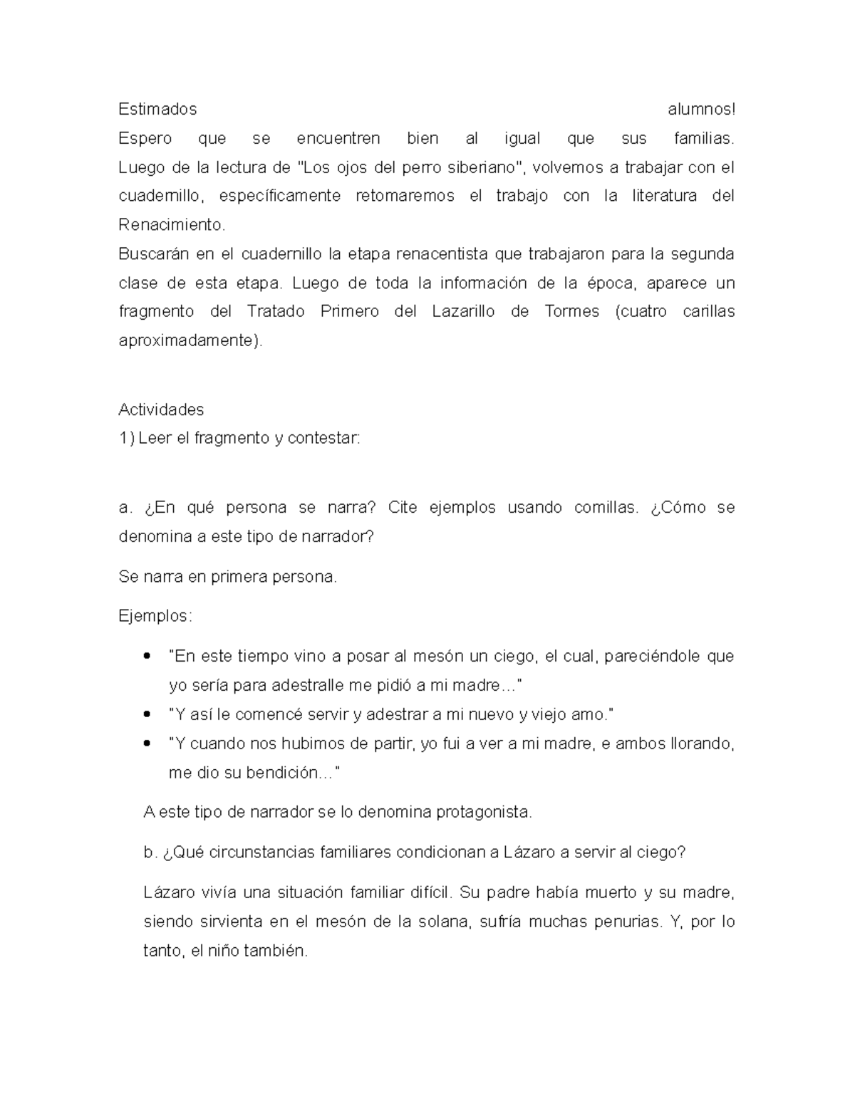 Actividad sobre el Tratado Primero del Lazarillo de Tormes - Estimados ...