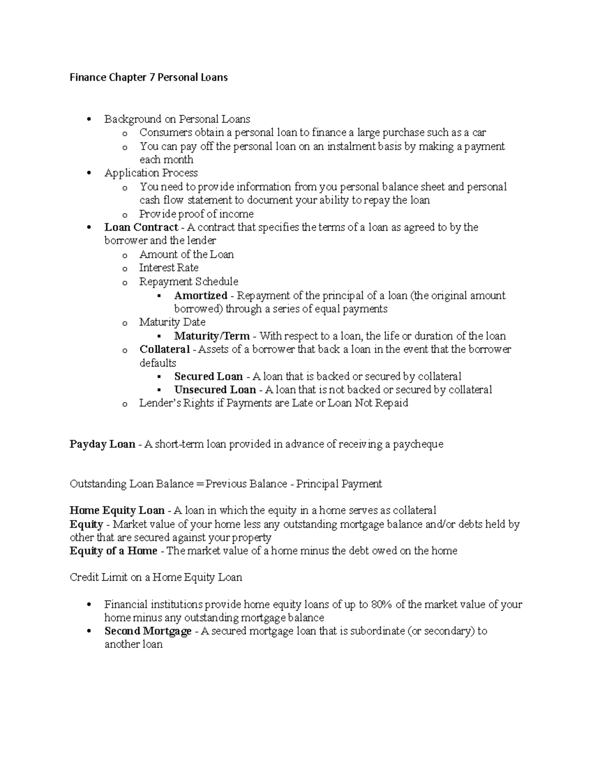 Finance Chapter Notes - Finance Chapter 7 Personal Loans Background on ...