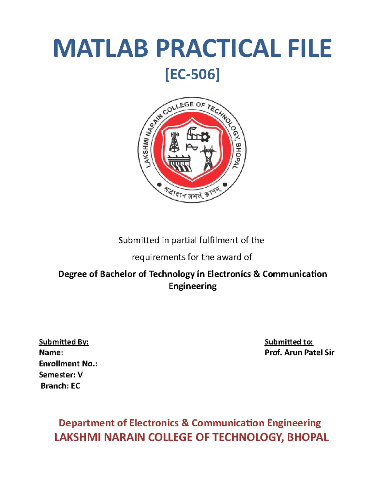 Matlab File MATLAB PRACTICAL FILE EC 506 Submitted In Partial matlab-file-matlab-practical-file-ec-506-submitted-in-partial