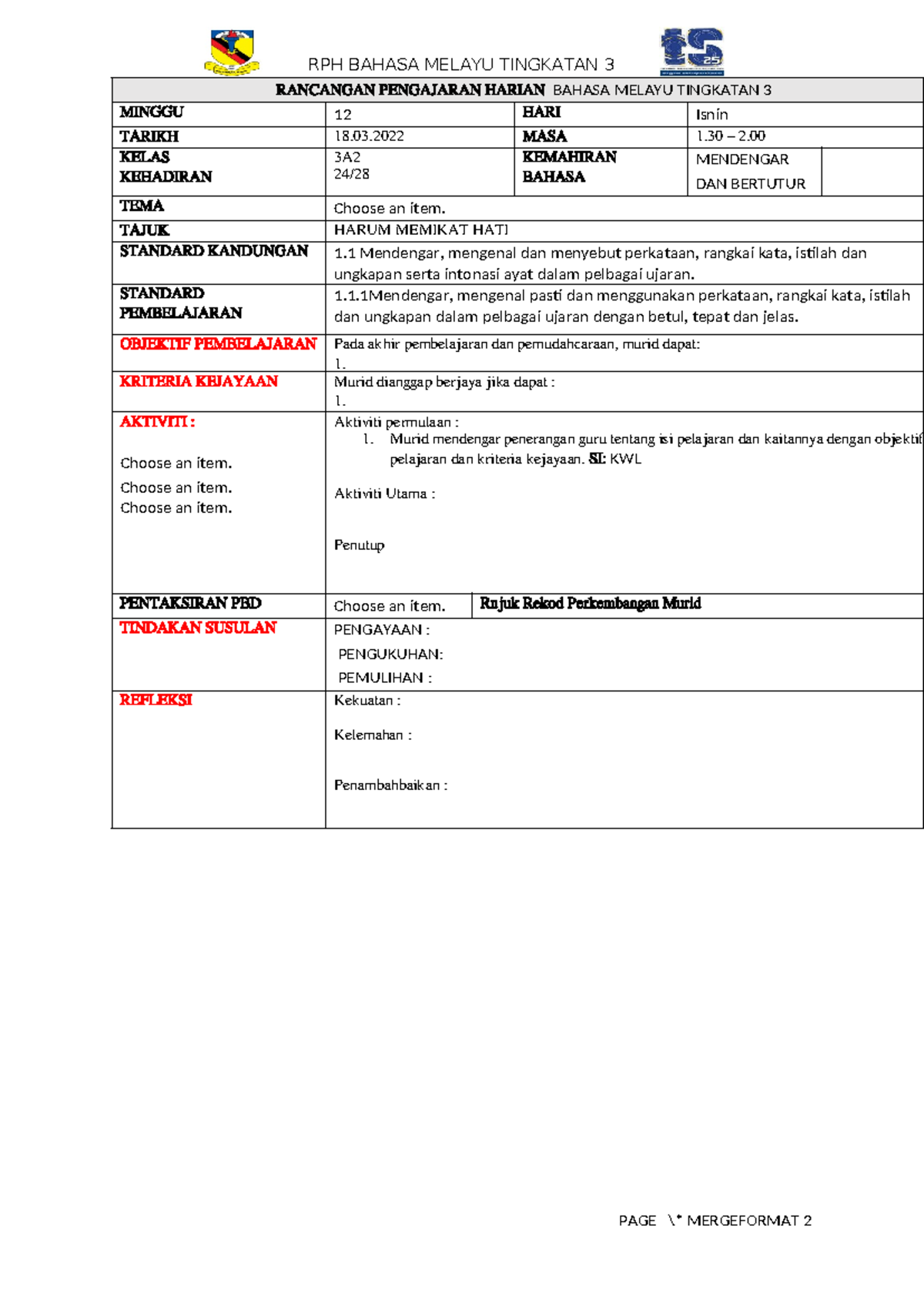 Tapak RPH BM TING - tttttddddddddddd - RPH BAHASA MELAYU TINGKATAN 3 ...