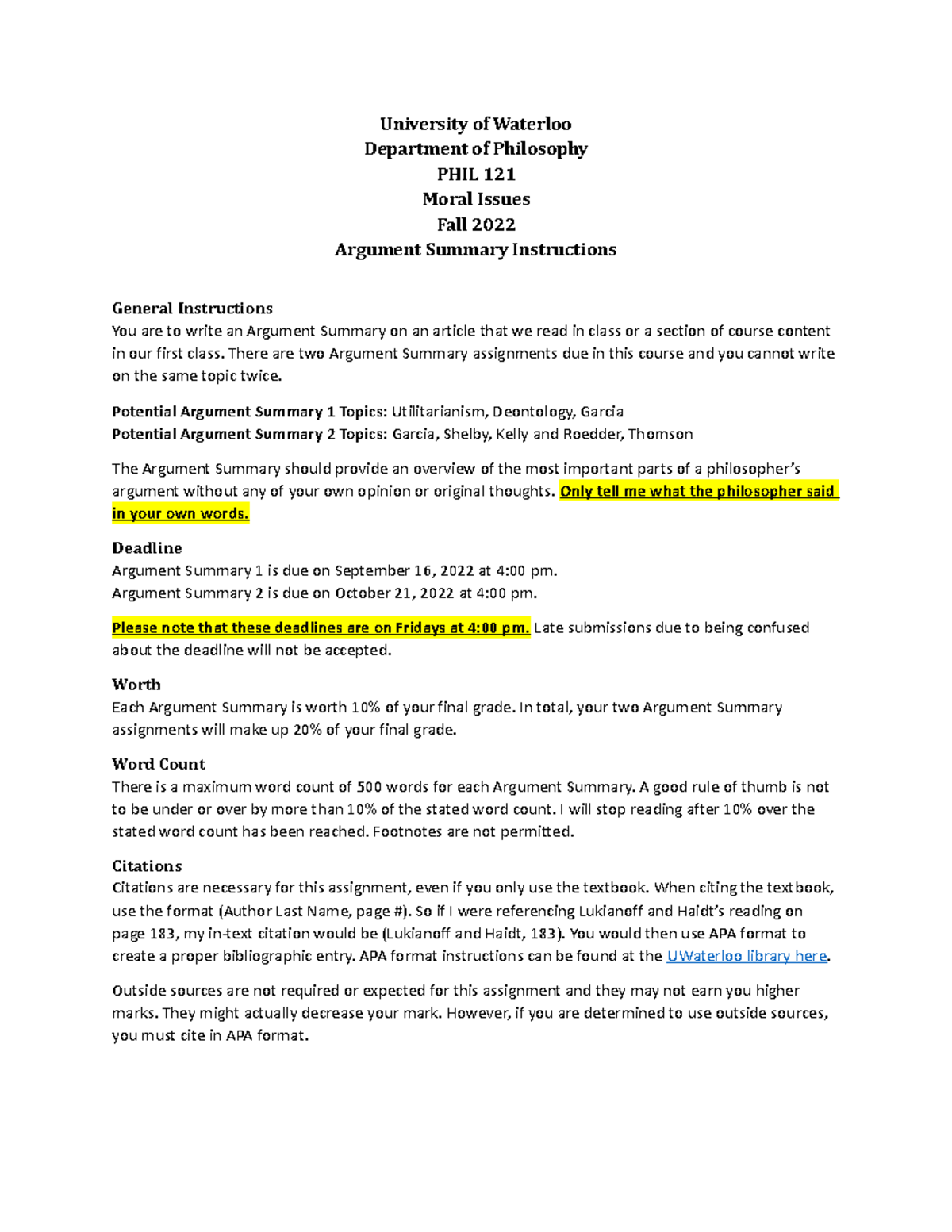 Argument Summary Instructions - University of Waterloo Department of ...