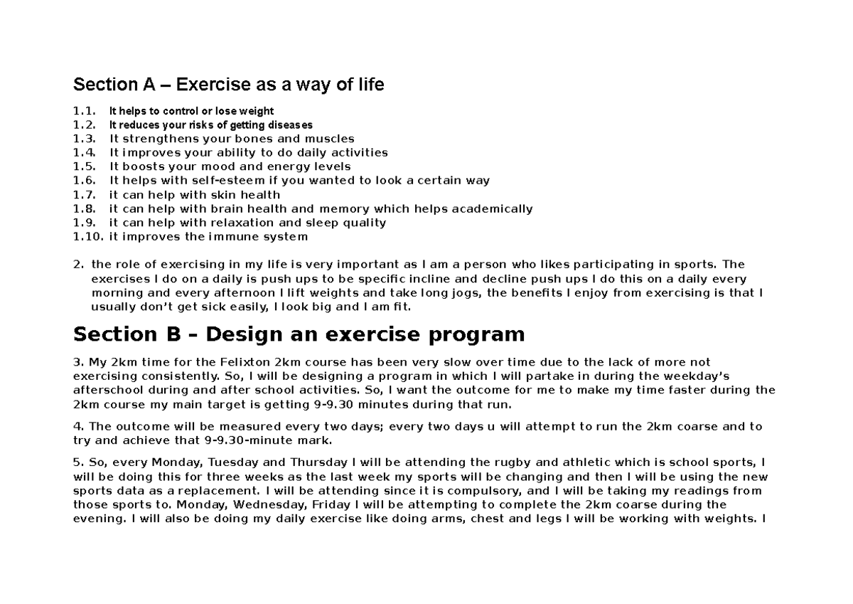 Sports program - Section A – Exercise as a way of life 1. It helps to ...