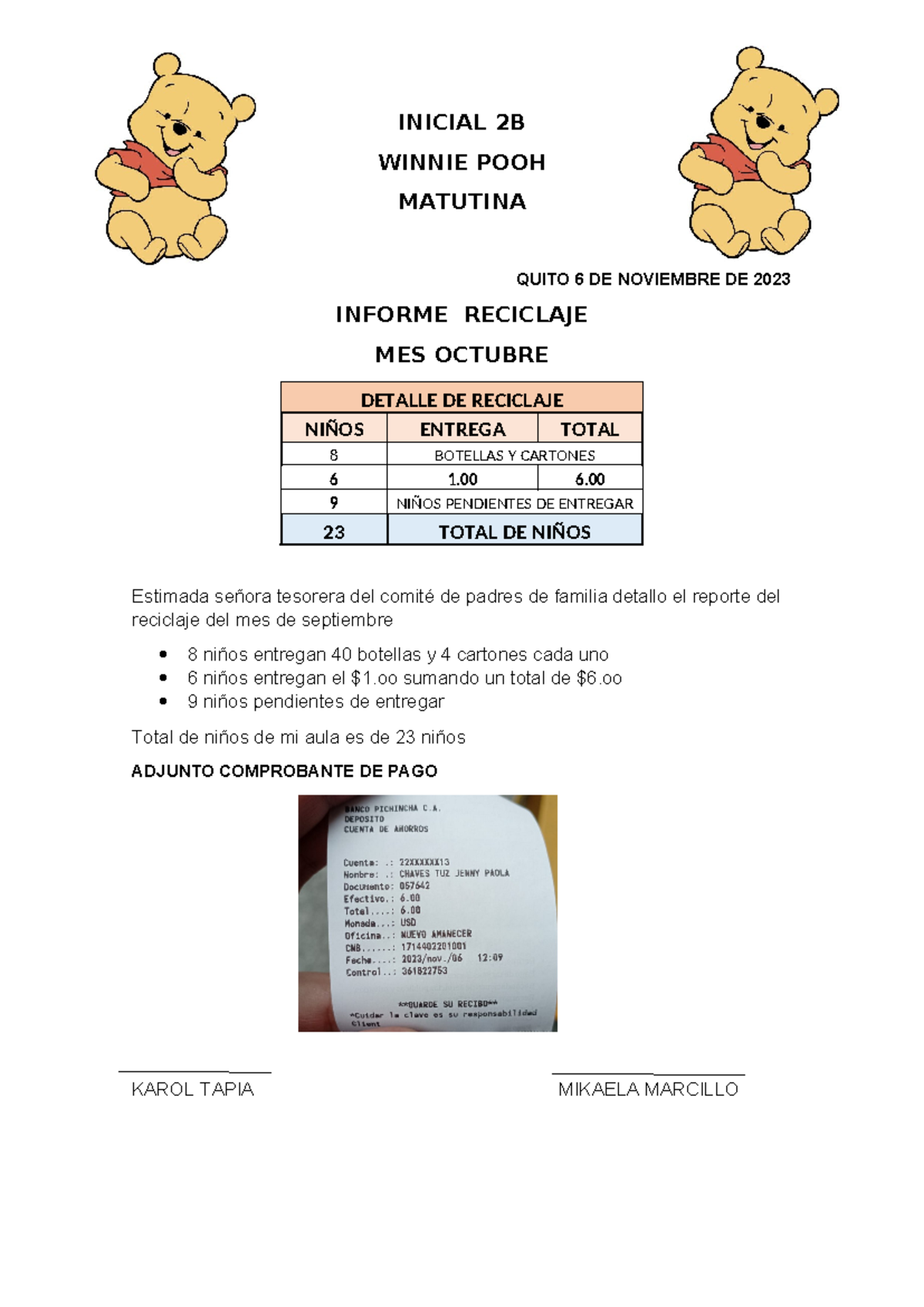 Inicial 2B Reporte DE Reciclaje MES Octubre - INICIAL 2B WINNIE POOH ...