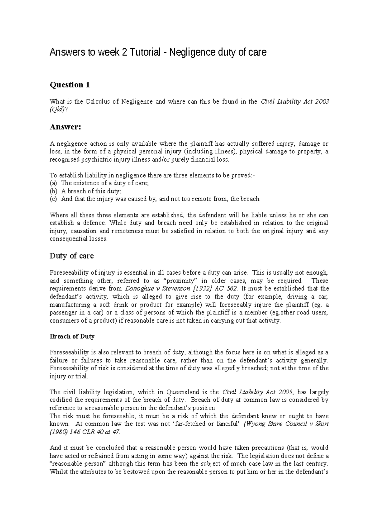 Week 2-Tutorial Solutions - Answers to week 2 Tutorial - Negligence ...