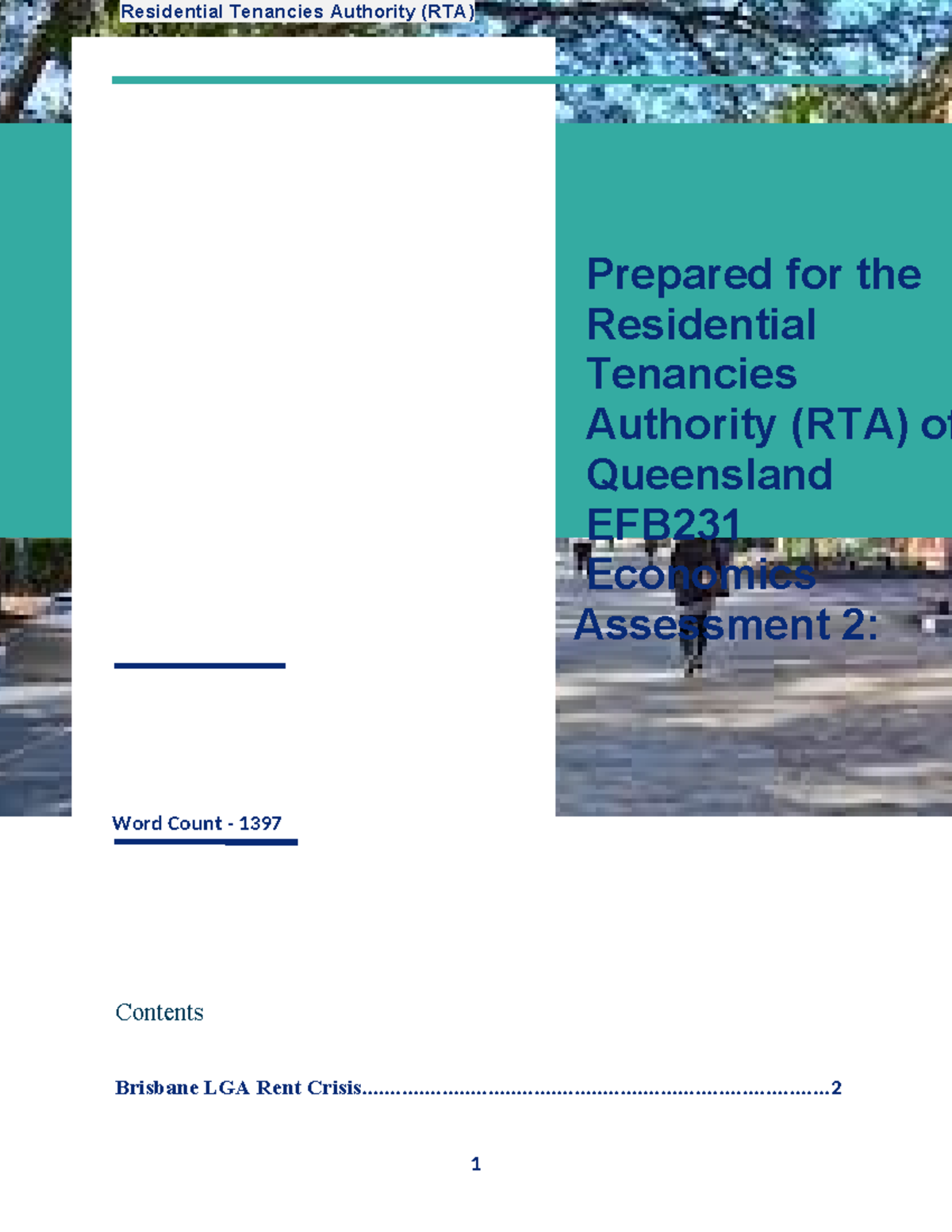 EFB231 Economics A2 - Contents Brisbane LGA Rent - Studocu