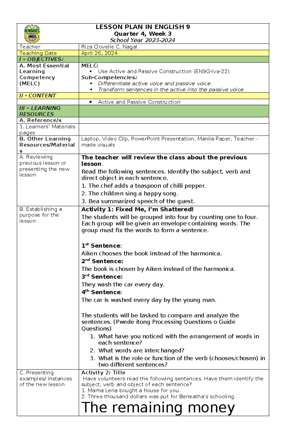 DLP- Format - Thanks - LESSON PLAN IN ENGLISH 9 Quarter 4, Week 3 ...