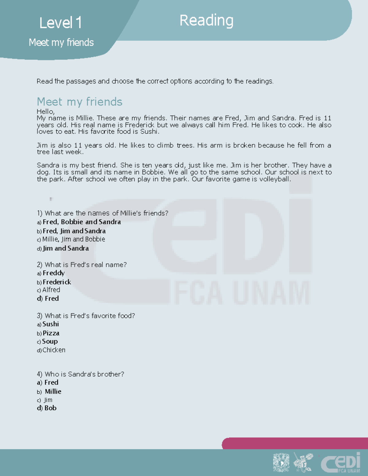 Meet my friends - vocabulary - Level 1 Meet my friends Reading Read the ...