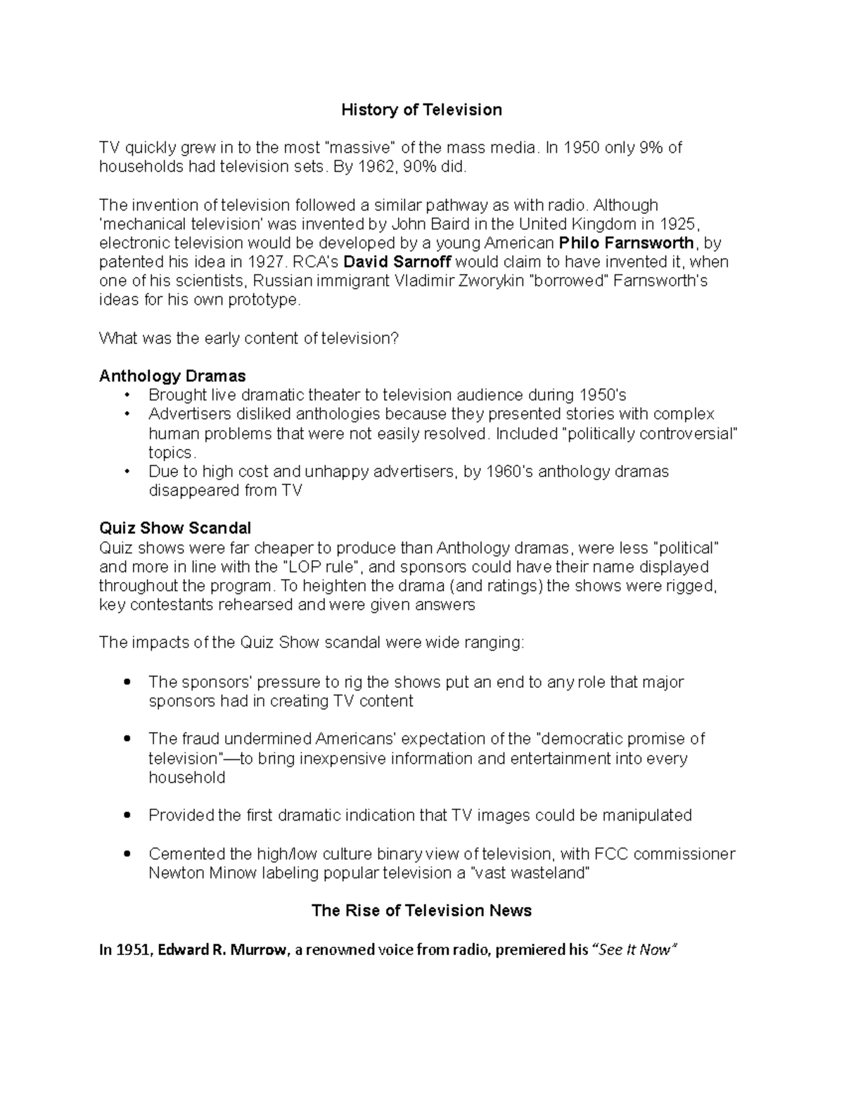 History of Television - Notes - History of Television TV quickly grew ...