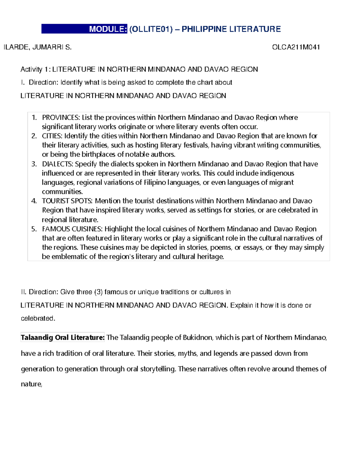 Activity 08 - nice - MODULE: (OLLITE01) – PHILIPPINE LITERATURE ILARDE, JUMARRI S. OLCA211M0 41 ...