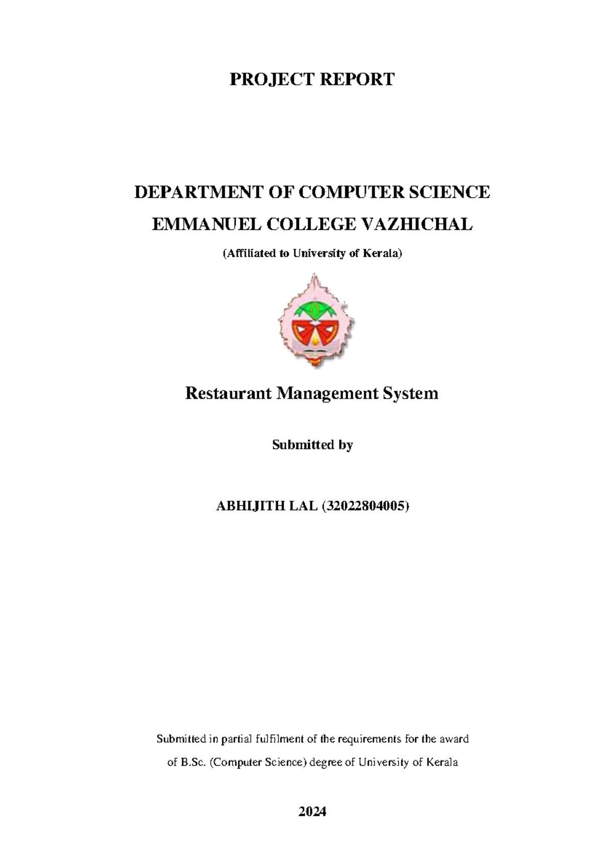 Abhijith Lal mini project 2024 - PROJECT REPORT DEPARTMENT OF COMPUTER SCIENCE EMMANUEL COLLEGE ...