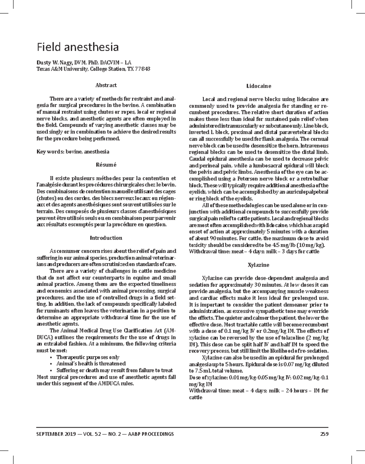 Clinical Skills Session - 2. Field anesthesia - SEPTEMBER 2019 — VOL ...