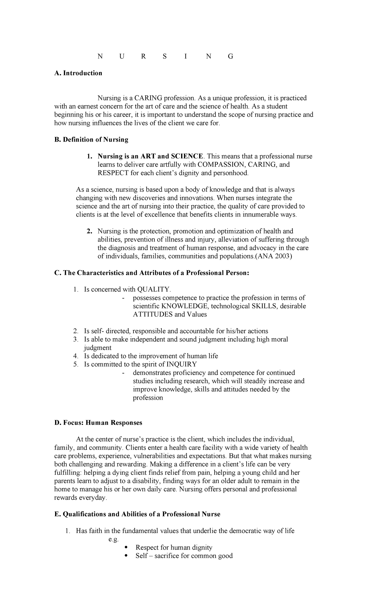 Nursing as a Profession - N U R S I N G A. Introduction Nursing is a ...